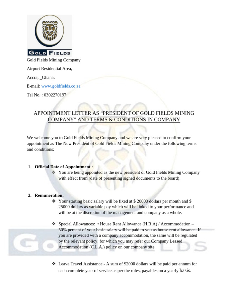 Appointment Letter for Gold Fields President | PDF | Confidentiality ...