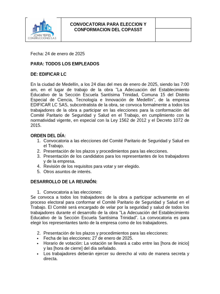 Convocatoria Copasst | PDF | Votación | Elecciones
