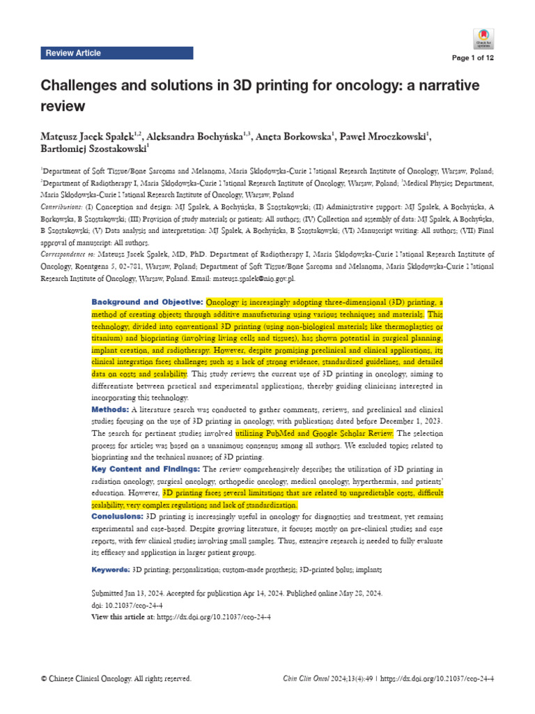 3D Printing in Oncology: Challenges & Solutions | PDF | Radiation ...