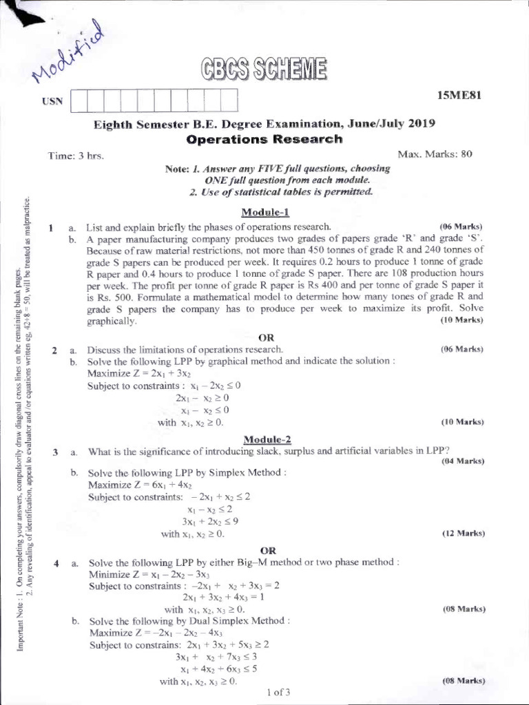 VTU Exam Question Paper With Solution of 15ME81 Operations Research Jul ...
