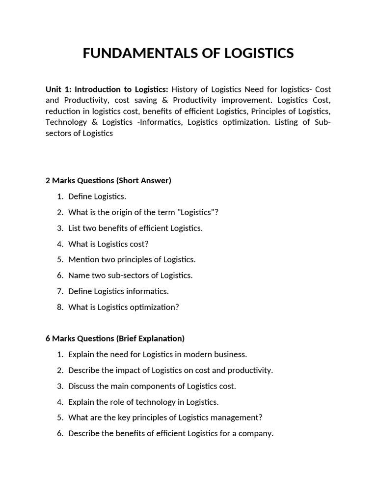 Fundamentals of Logistics Overview | PDF | Logistics | Warehouse