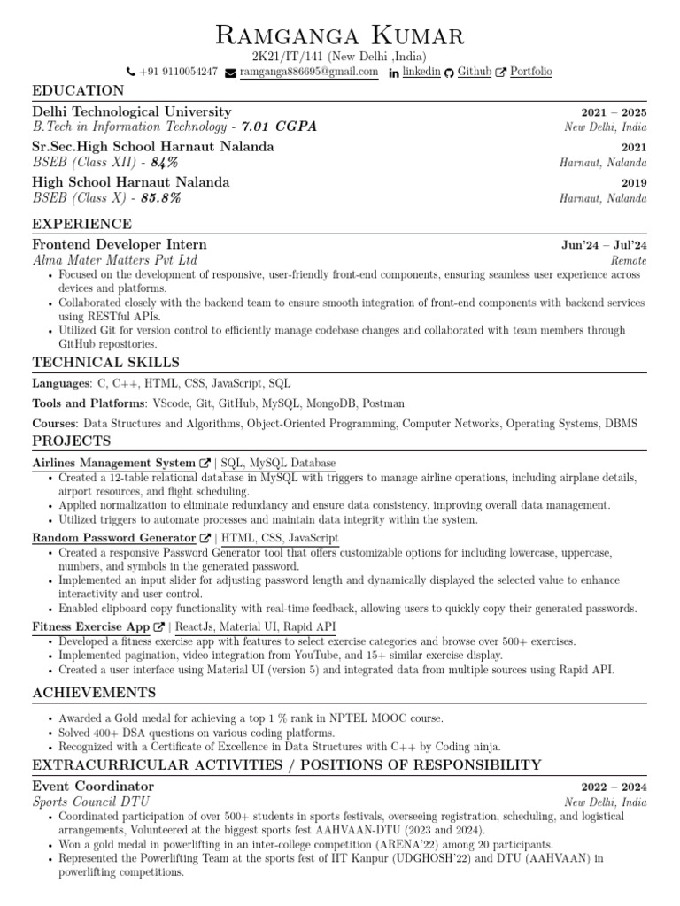 SDE Resume of Ramganga Kumar | PDF | Databases | My Sql