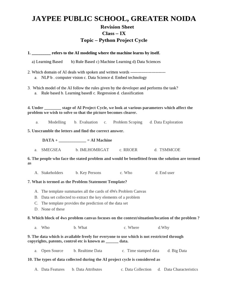 AI Project Cycle for Class IX | PDF