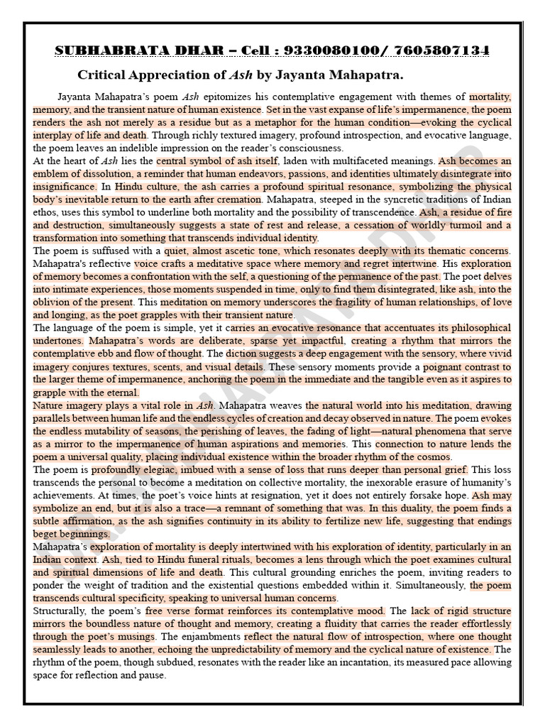 Critical Appreciation of Ash | PDF | Poetry | Silence