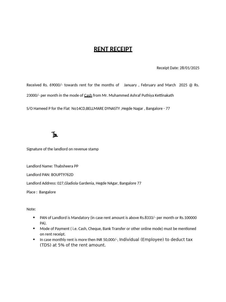 RENT RECEIPT - Jan - March | PDF
