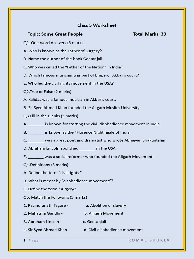 Great People: Class 5 Worksheet | PDF