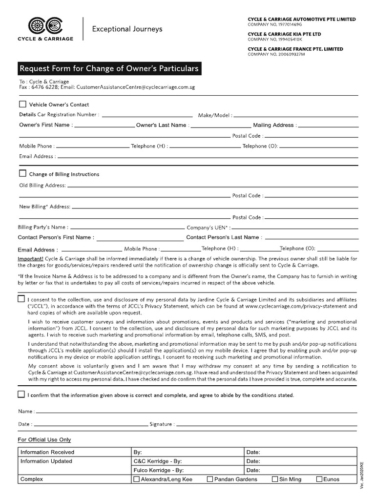 Request Form For Change of Owners Particulars Jan2020 | PDF