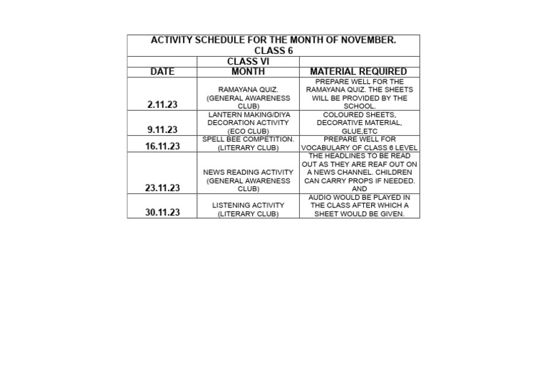 November Activity Schedule for Class 6 | PDF