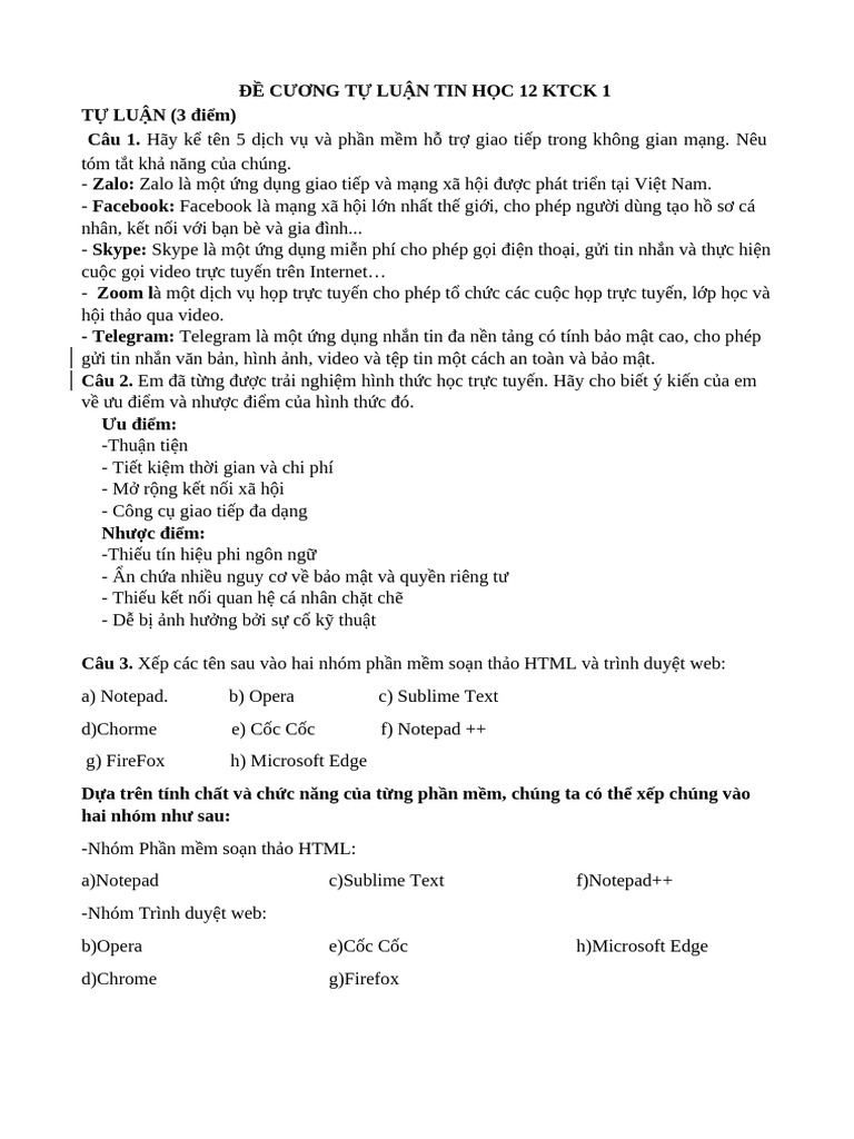 ĐỀ CƯƠNG TỰ LUẬN TIN HỌC 12 KTCK 1 | PDF