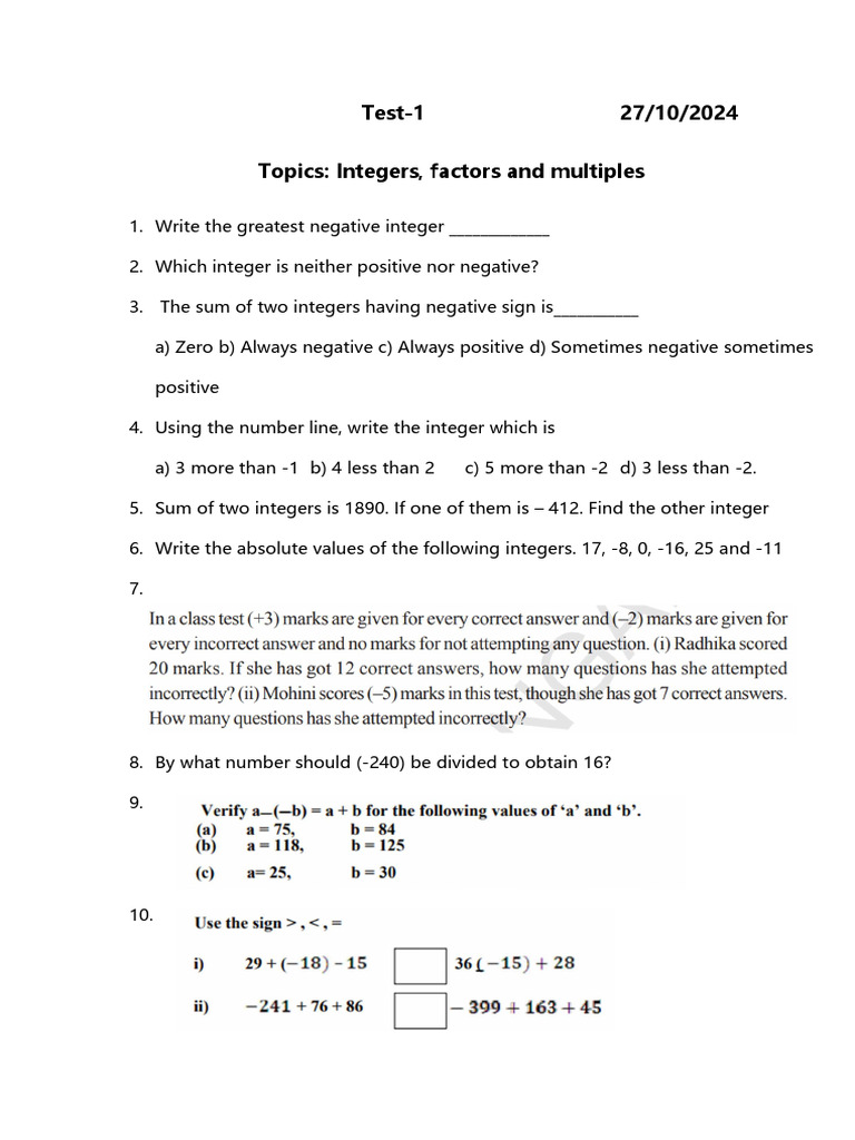 Test1_integers_factors and multiples _27102024 | PDF