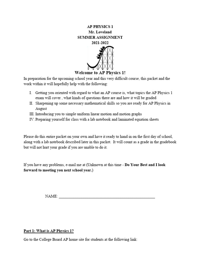 AP Physics 1 Summer Packet | PDF | Velocity
