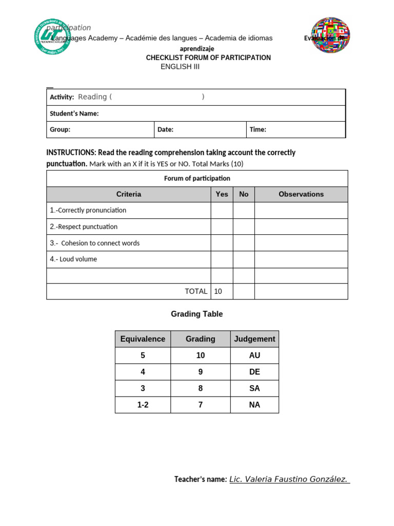 Checklist Reading Comprenhension | PDF