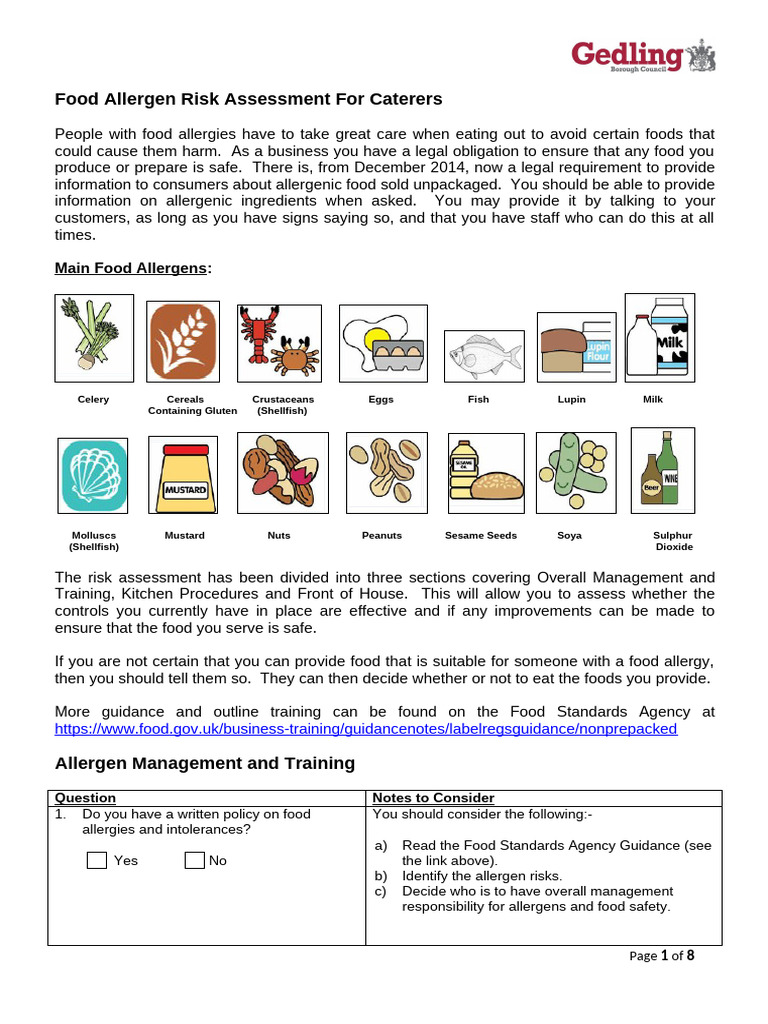 Food Allergen Risk Assessment For Caterers | PDF | Food Allergy | Menu