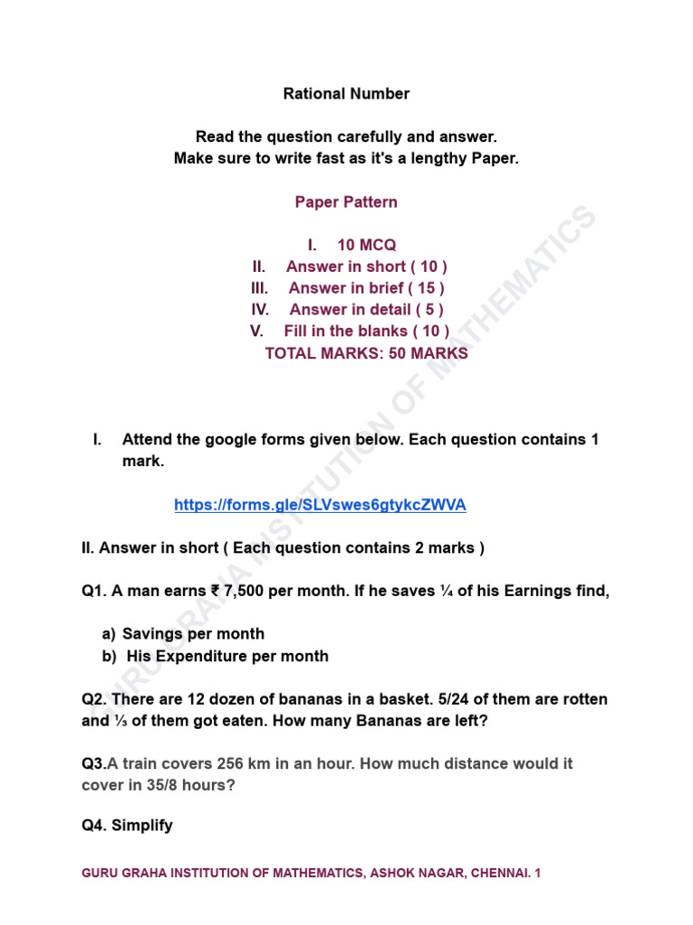 Rational Number CLASS 8 TEST | PDF | Rational Number | Mathematical Objects
