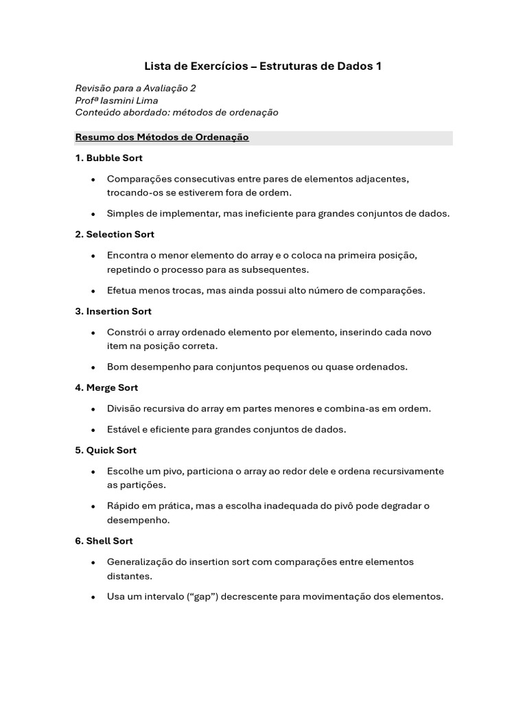 Lista de Exercícios – Estruturas de Dados 1 | PDF | Algoritmos ...