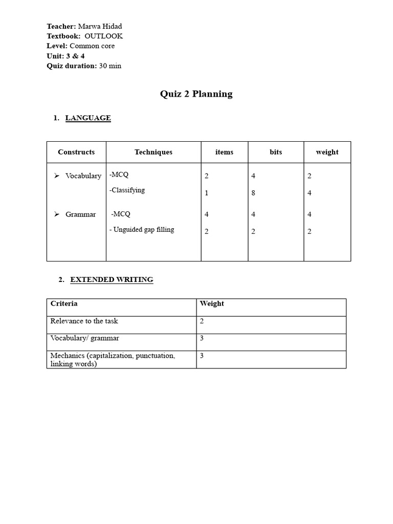 Quiz 2 Planning | PDF