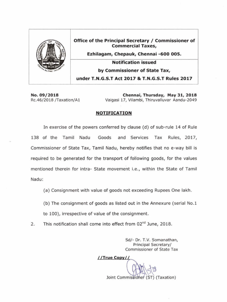 E Way Bill Exempted Goods - Tamilnadu - Notification No.9 - 2018 | PDF