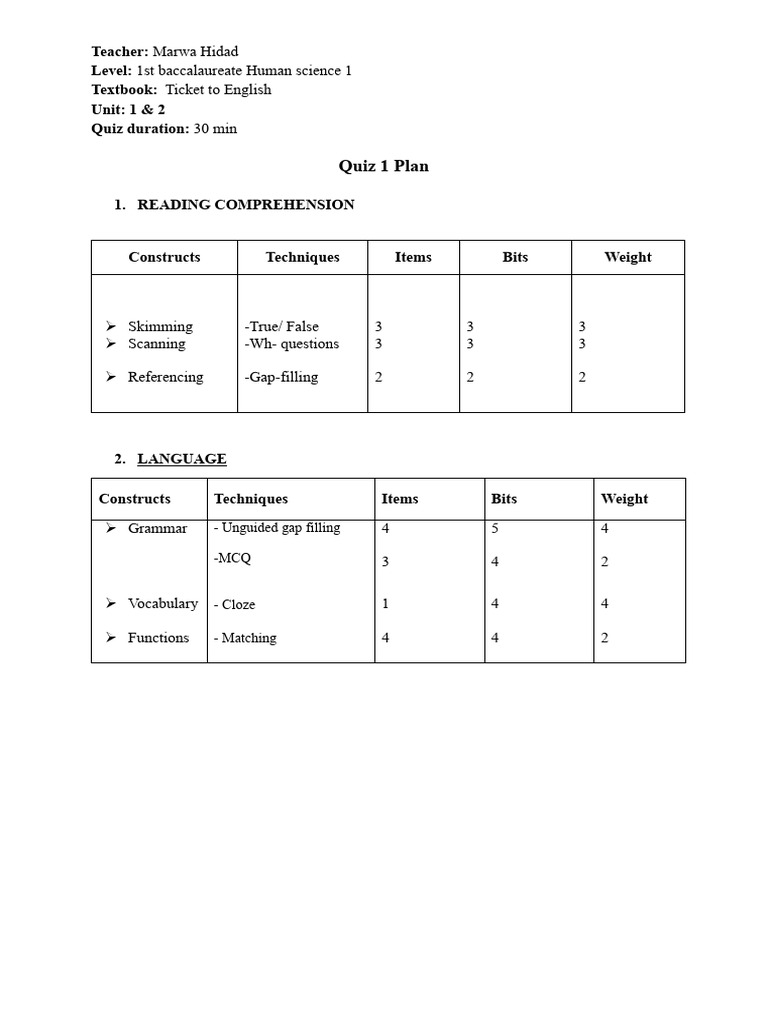 Quiz Planning 1 | PDF
