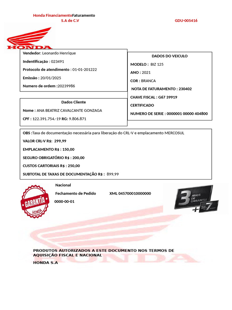 Nota Fiscal Honda - Detran | PDF