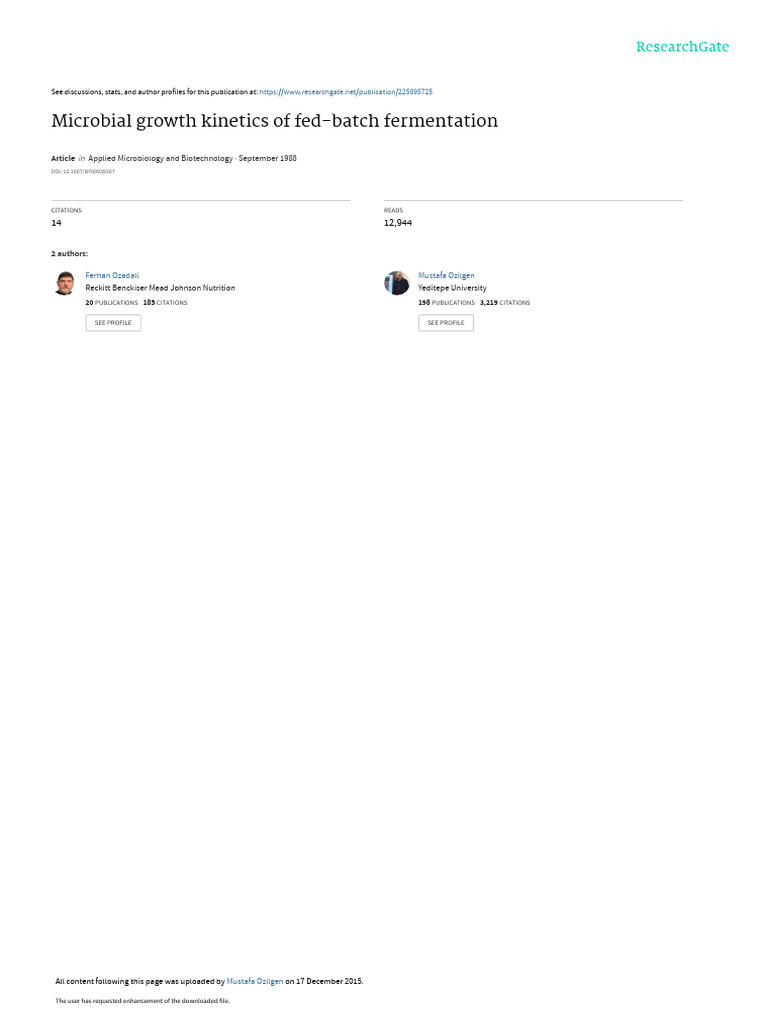 Fed-Batch Fermentation Growth Kinetics | PDF