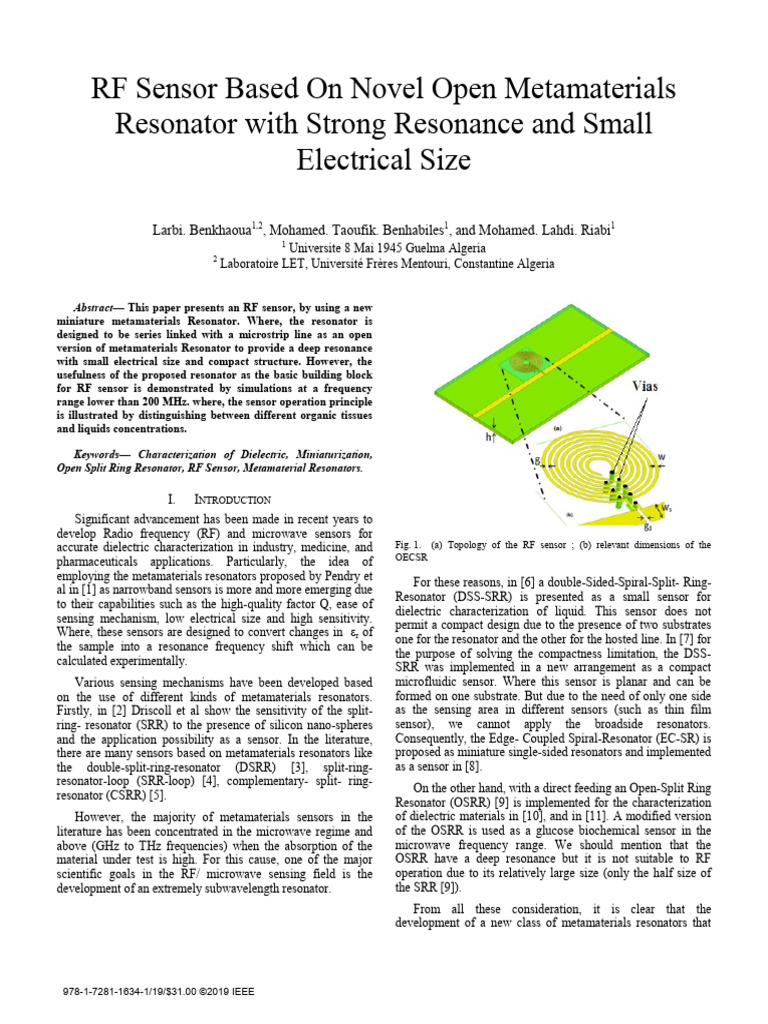 RF Sensor Based On Novel Open Metamaterials Resonator with Strong Resonance and Small Electrical ...