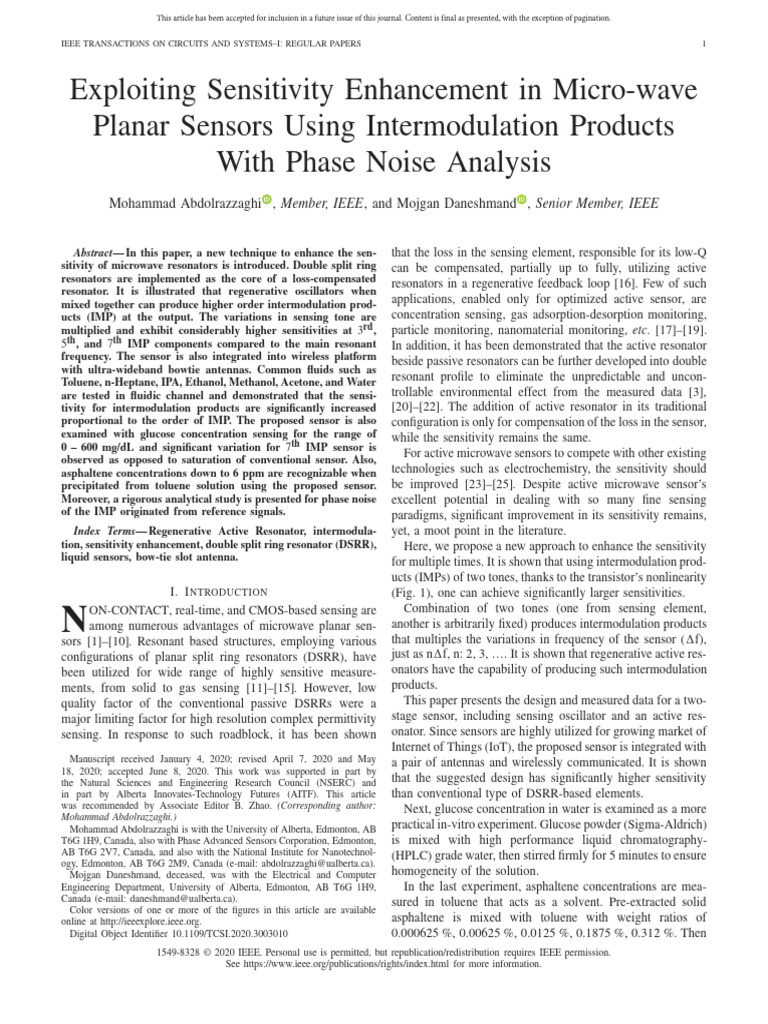 Exploiting Sensitivity Enhancement in Micro-wave Planar Sensors Using Intermodulation Products ...