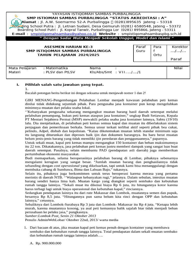 PH Kelas 7 PLSV Dan PTLSV - Tanpa Kunci | PDF
