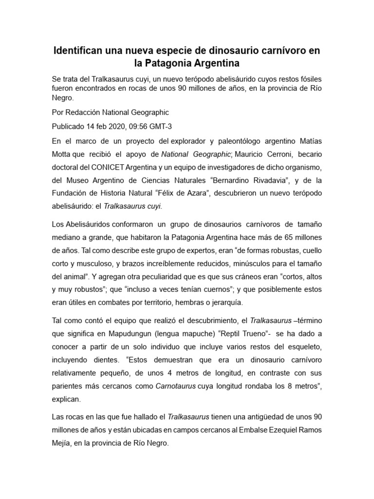 Tralkasaurus: Nuevo Dinosaurio en Patagonia | PDF | Dinosaurios ...
