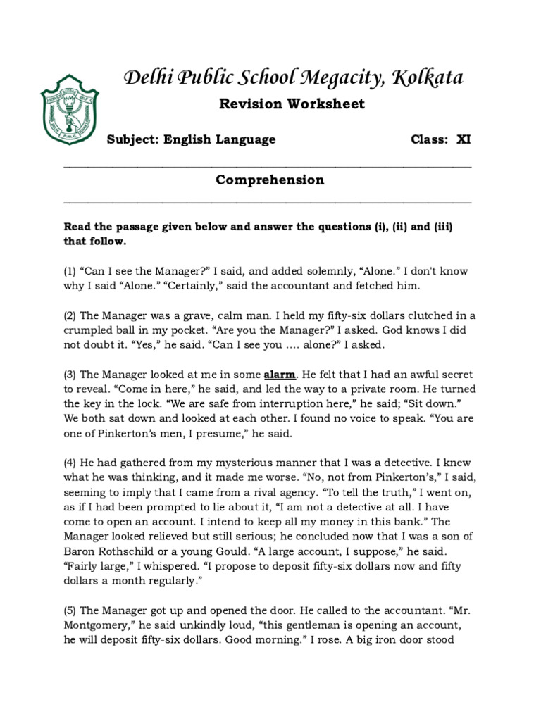 English Comprehension Worksheet XI | PDF
