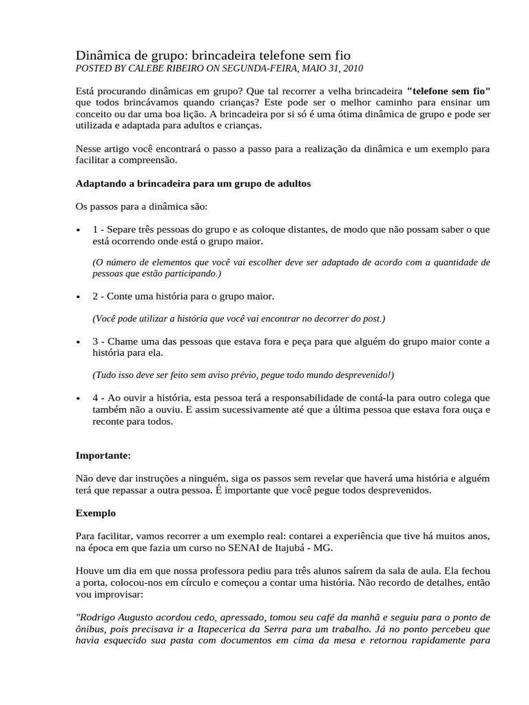 Dinâmica de Grupo - Telefone Sem Fio | PDF