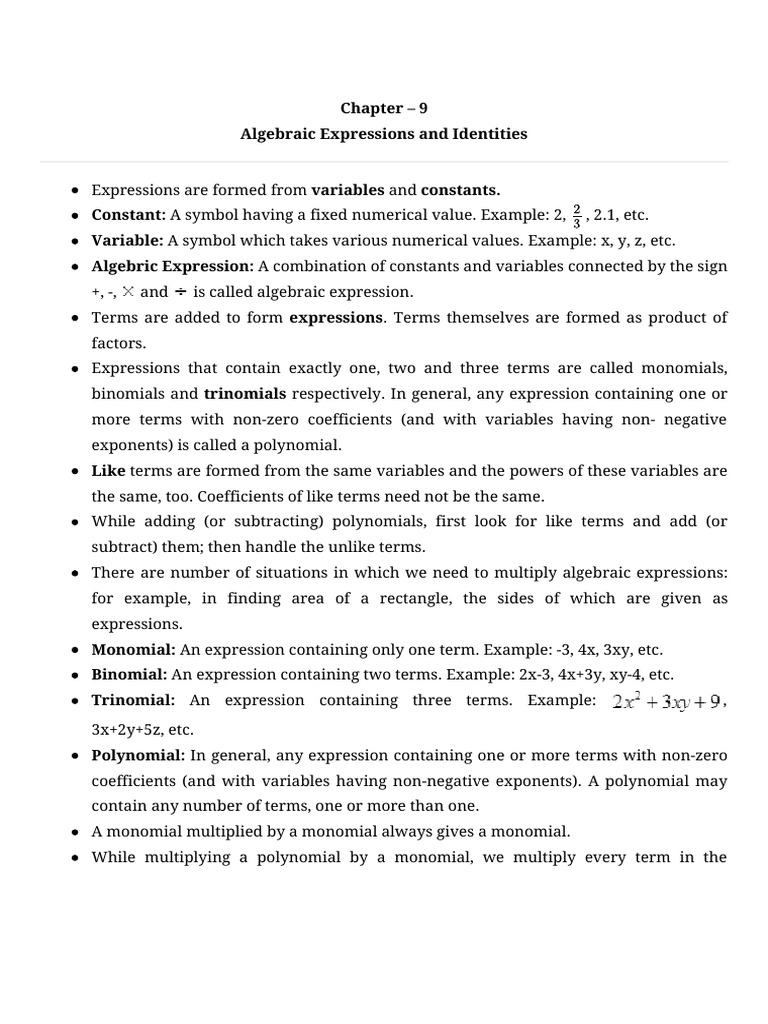 Algebraic Expressions and Identities | PDF | Polynomial | Factorization