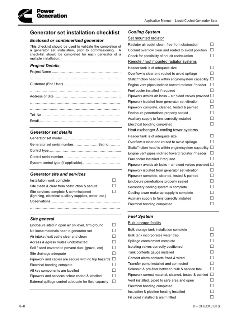 Generator Set Installation Checklist-Enclosed Generator Set | PDF | Valve | Electrical Wiring