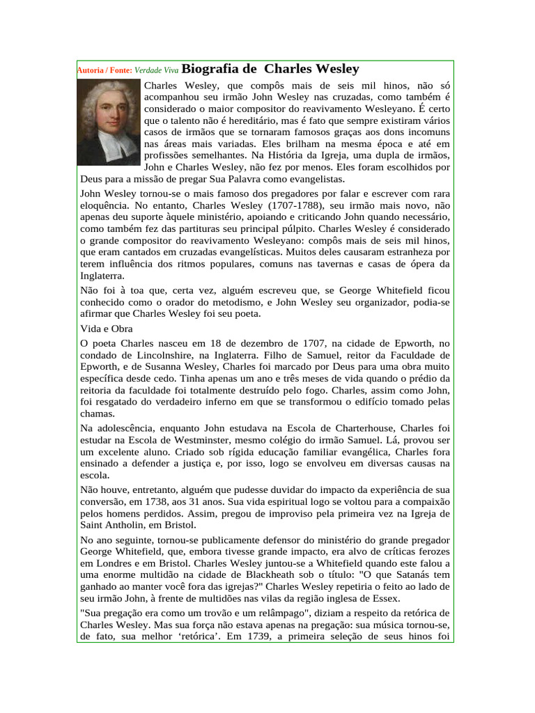 A Vida e Legado de Charles Wesley | PDF | Hinos | John Wesley
