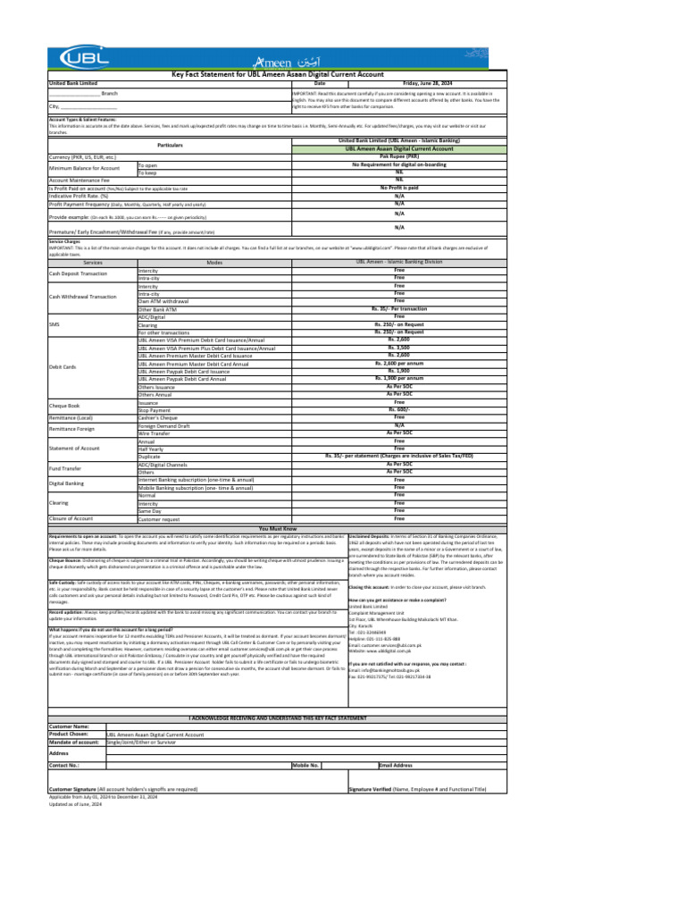 KFS UBL Ameen Asaan Digital Current Account | PDF | Debit Card | Banks