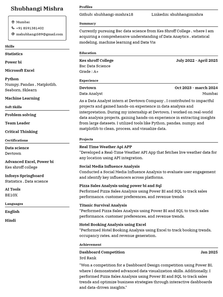 Shubhangi CV | PDF | Data Science | Data Analysis