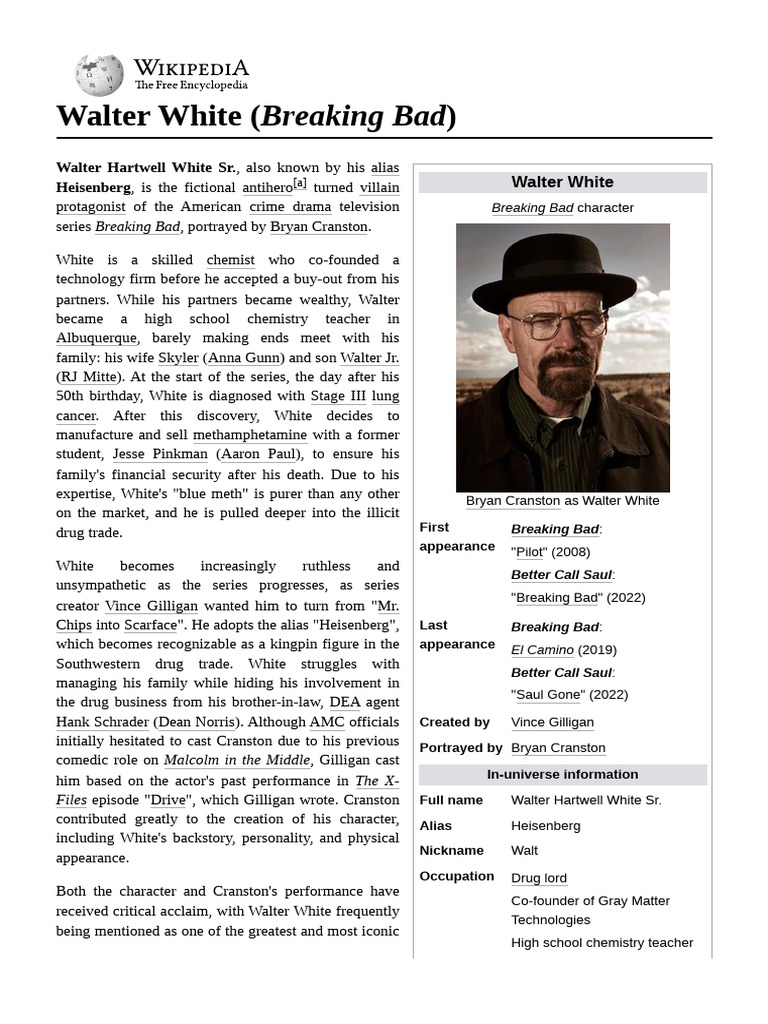 Walter White: Breaking Bad Character Overview | PDF