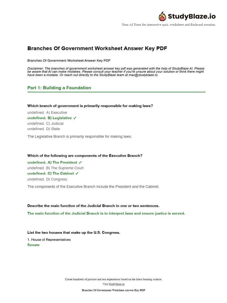 Branches of Government Worksheet Answer Key PDF | PDF | Separation Of ...