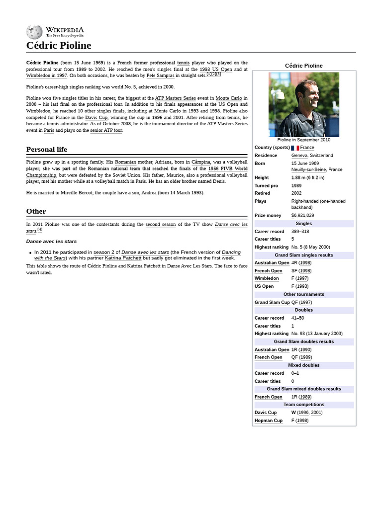 Cédric_Pioline | PDF | Grand Slam (Tennis) | Tennis People