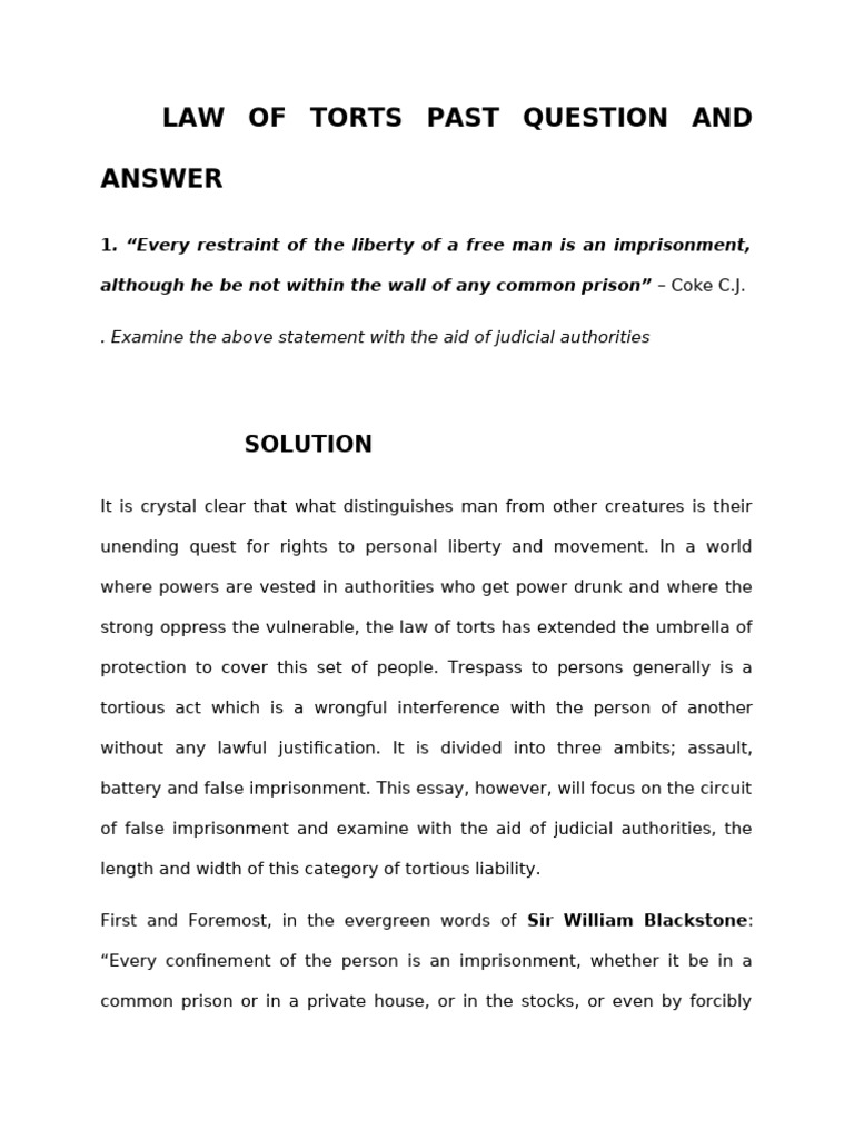 LAW OF TORTS PAST QUESTION AND ANSWER | PDF | Tort | Trespass