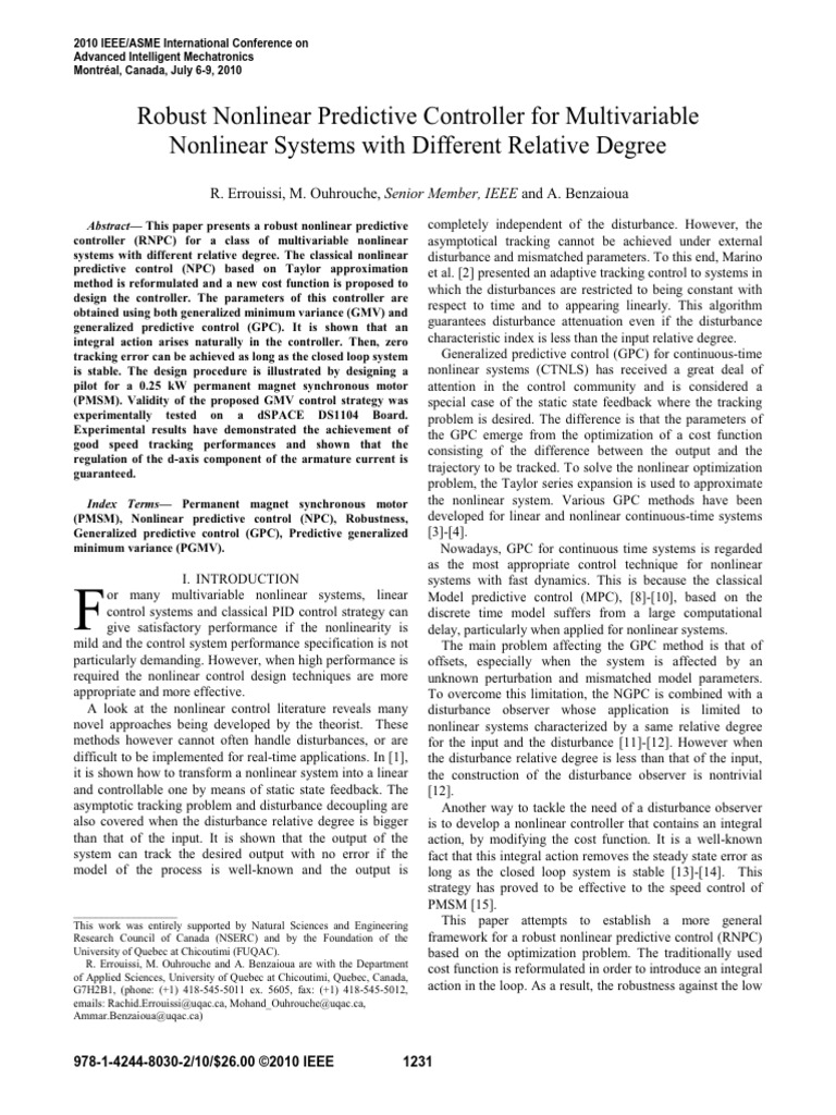 Robust Nonlinear Predictive Controller For Multivariable Nonlinear Systems With Different ...