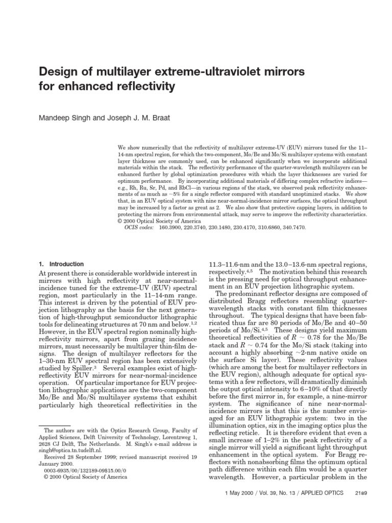 Design of Multilayer Extreme Ultra-Violet Mirrors For | PDF | Mirror ...