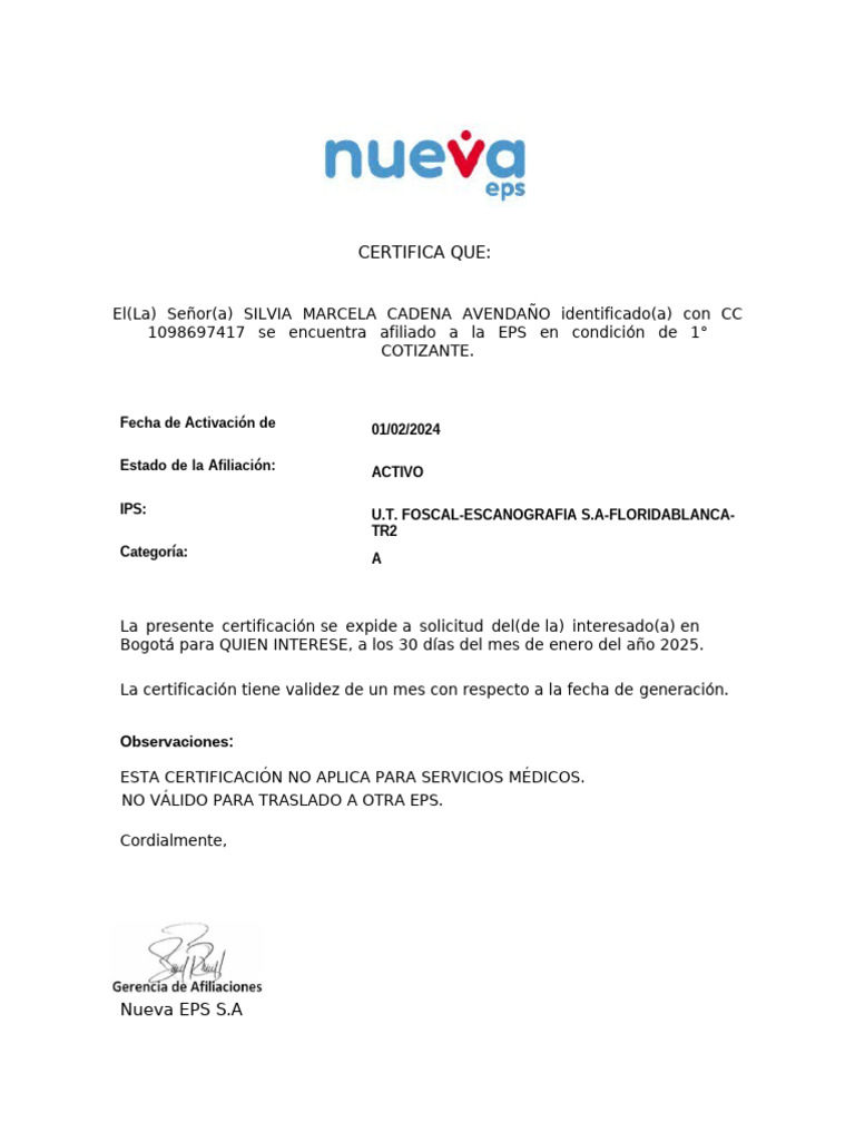 Certificación de Afiliación EPS | PDF