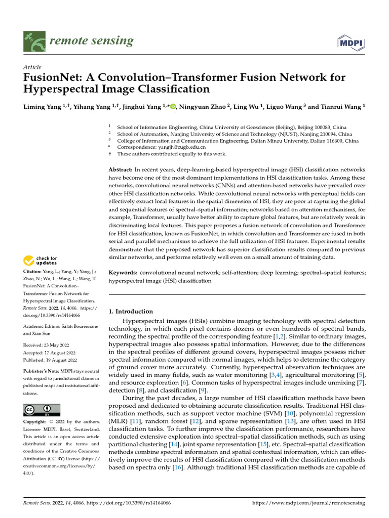 A Convolution Transformer Fusion Network For Hyperspectral Image Classification Pdf