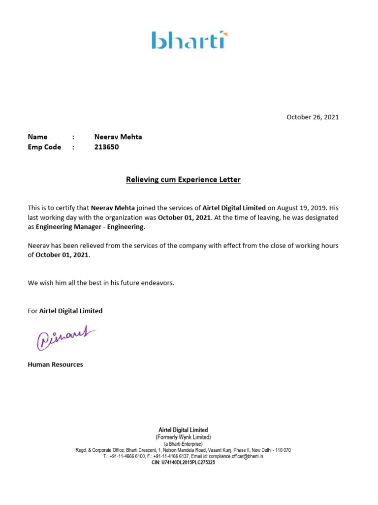 Relieving Letter for Neerav Mehta | PDF