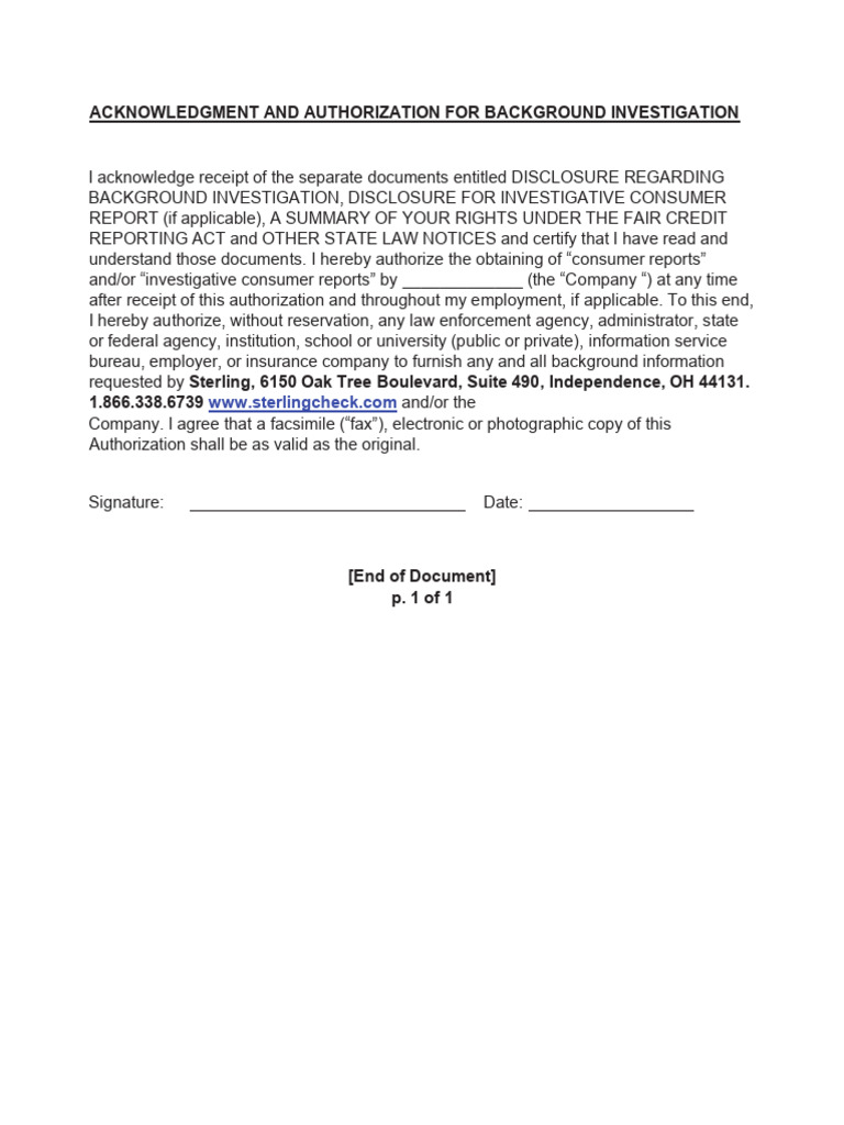 Background Investigation Authorization Form | PDF