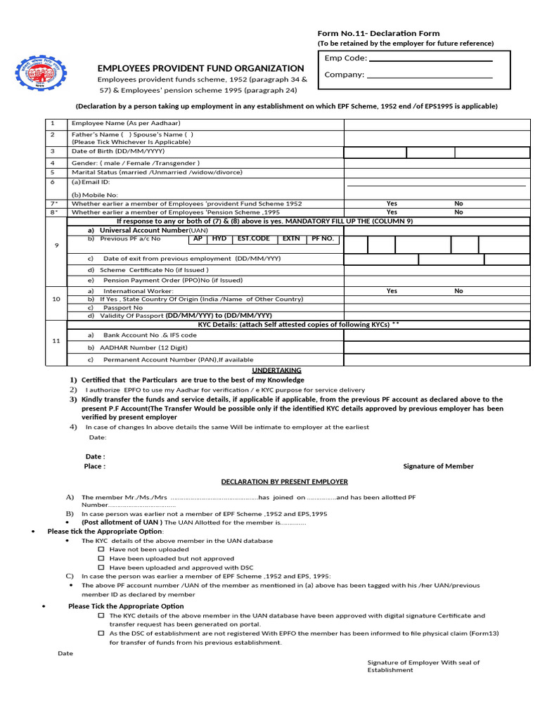 (Full Name) Form 11 - Declaration Form PF | PDF