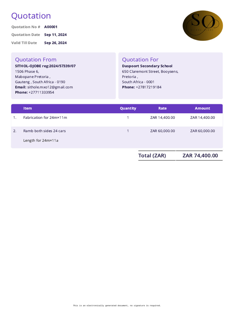 Quotation A00001 Sithol Ojobe Reg20245733907 Daspoort Secondary School | PDF