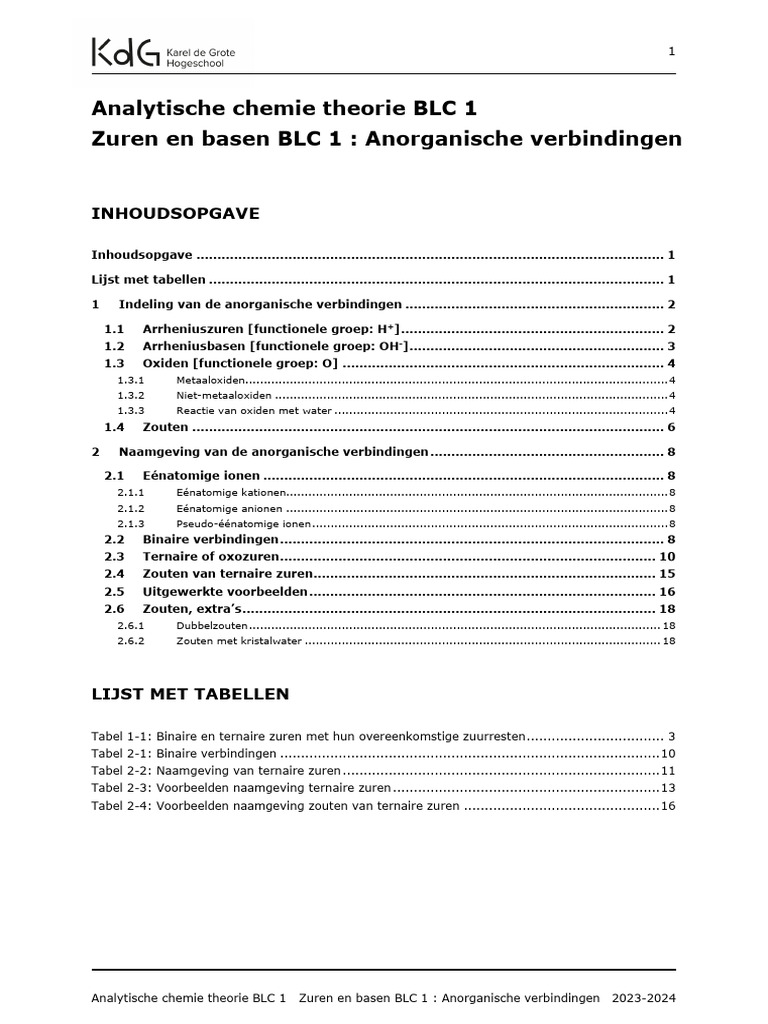 Analytische Chemie Theorie BLC 1 - Zuren en Basen BLC 1 - Anorganische Verbindingen - 2023-2024 ...