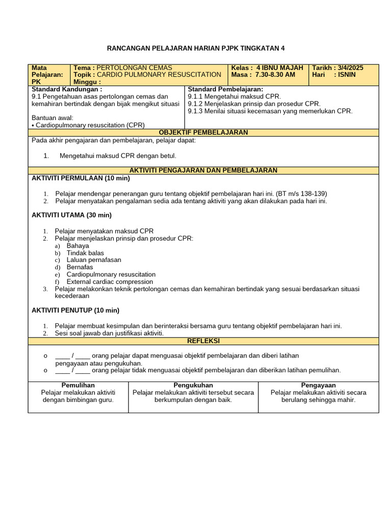 Rancangan Pelajaran Harian PJPK Tingkatan 4 | PDF