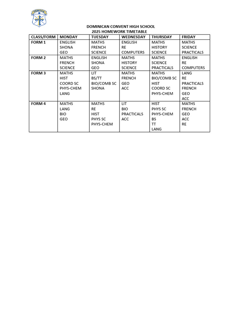 2025 Homework Timetable | PDF